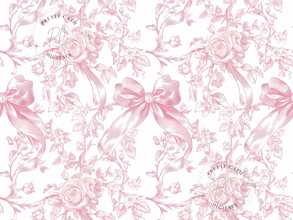 Vintage Pink Roses Seamless Pattern: Coquette Bows, Cottagecore Floral ...