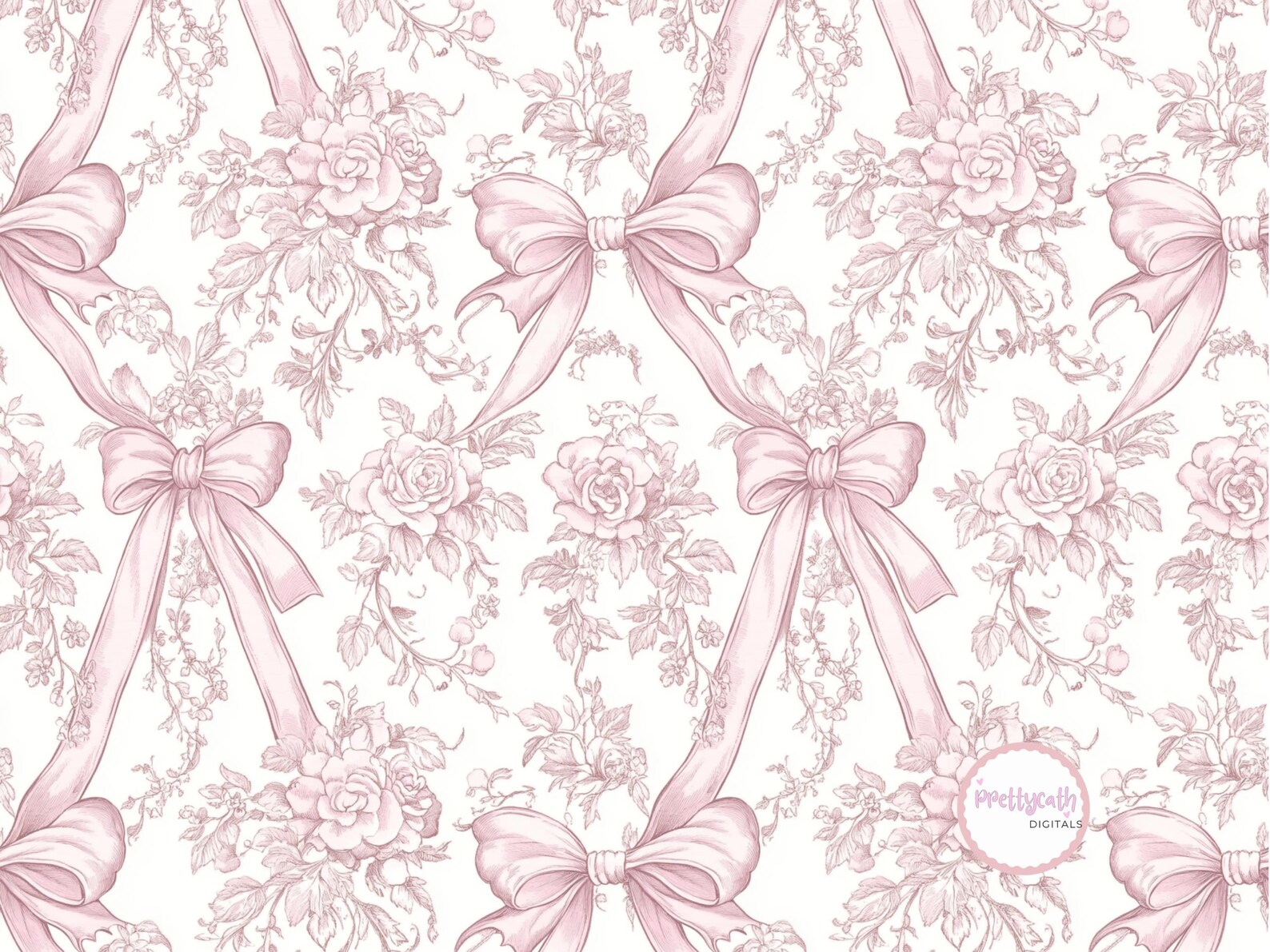 Vintage Pink Toile Ribbon Rose Seamless Floral Pattern Elegant Romantic ...