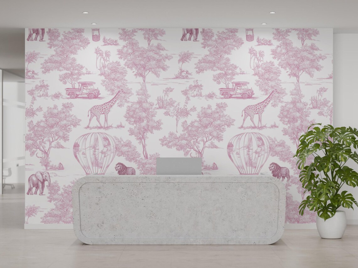 Pink Safari Toile De Jouy Fabric: French Vintage Jungle Animals ...