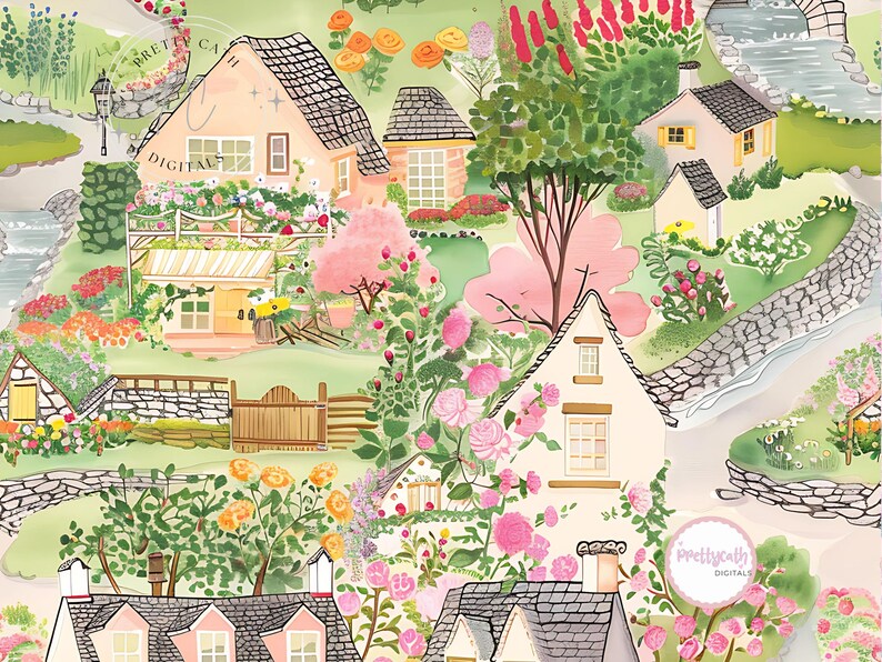Cottagecore Village Watercolor Pattern: Storybook Houses & Gardens ...