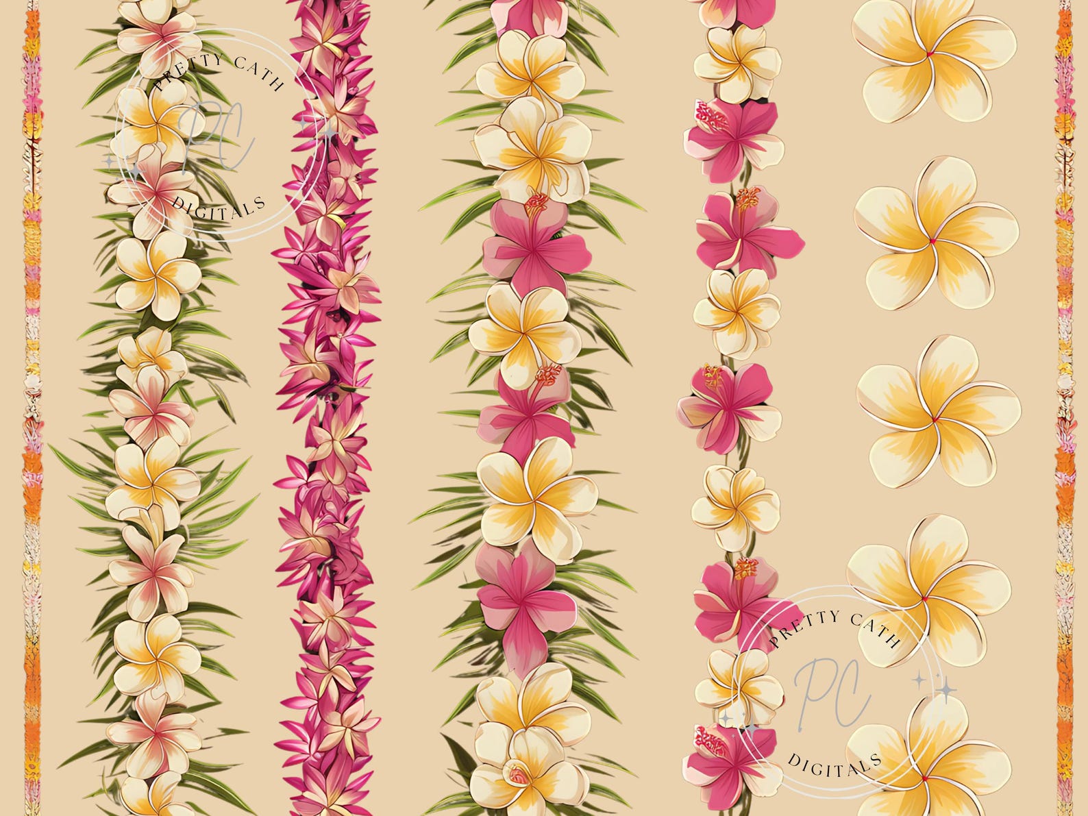 Hawaiian Floral Seamless Pattern: Hibiscus, Lei, Plumeria (PNG Digital ...