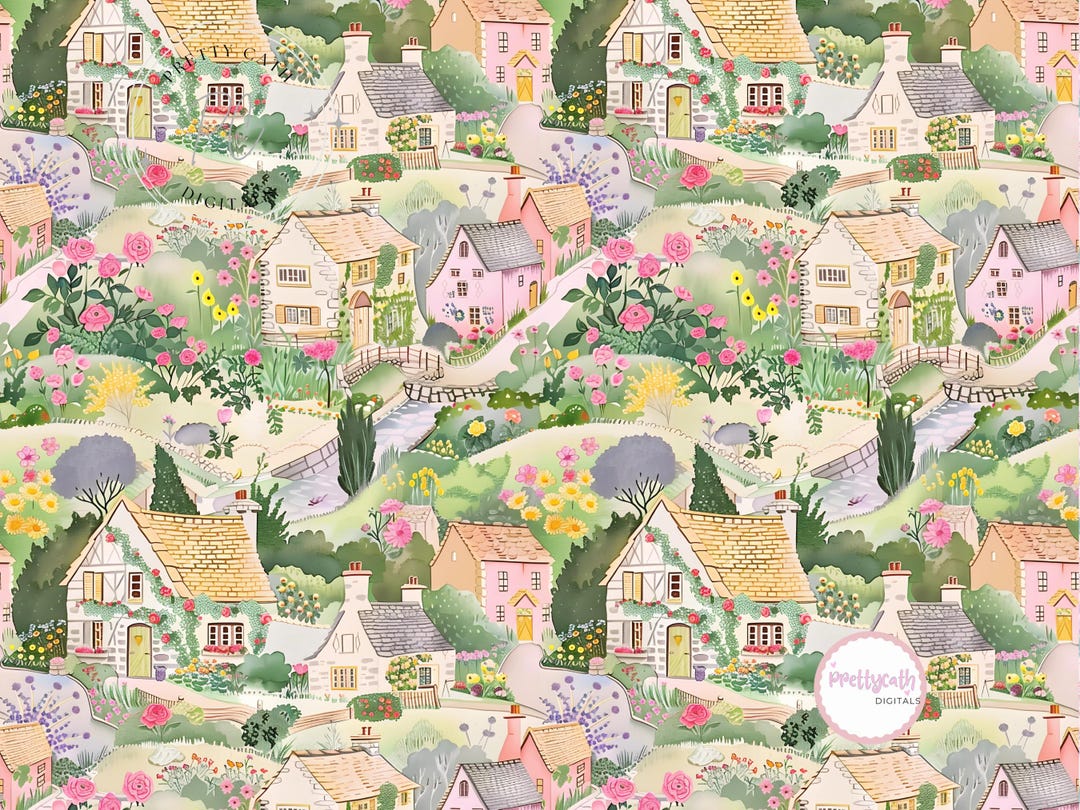 Cottagecore Village Pattern: Pastel Houses & Floral Gardens (digital ...