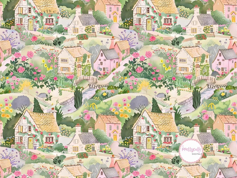 Cottagecore Village Pattern: Pastel Houses & Floral Gardens (digital ...