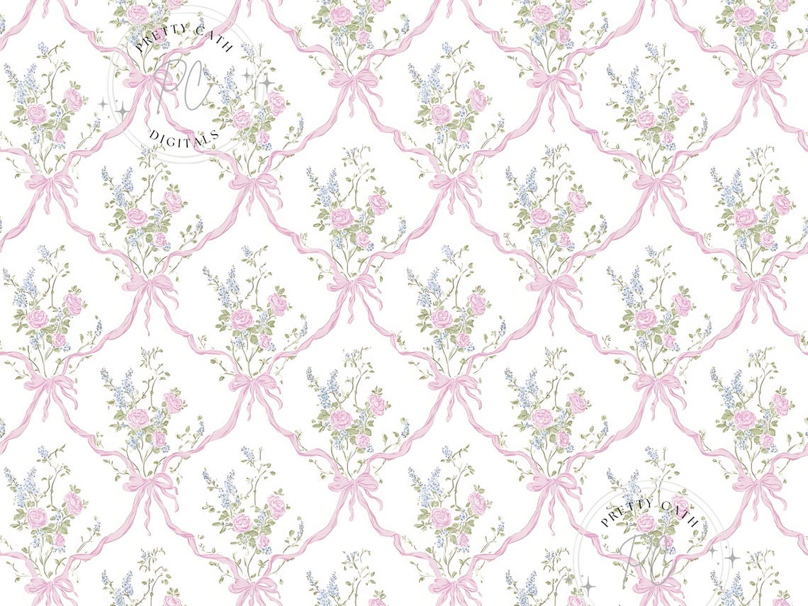Coquette Ribbon Bow Seamless Pattern: Pink Floral Digital Paper ...