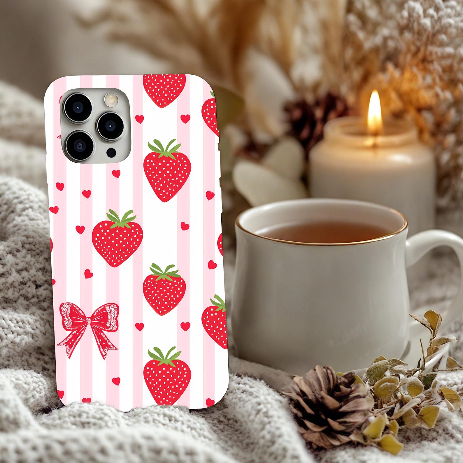 Strawberry Bow Seamless Pattern Pink Stripe Fruit Print for Fabric ...