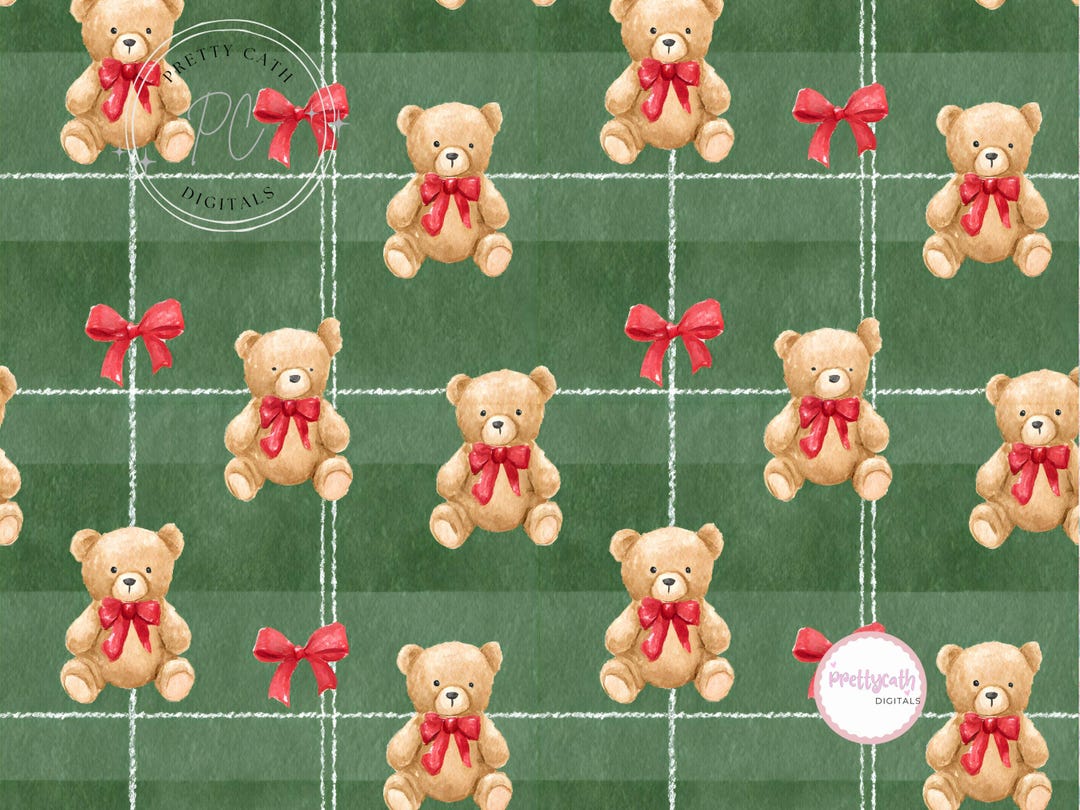 Watercolor Teddy Bear Christmas Plaid Christmas Seamless Pattern Red ...