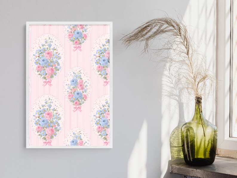 Shabby Chic Floral Digital Paper: Pink & Blue Roses, Vintage ...
