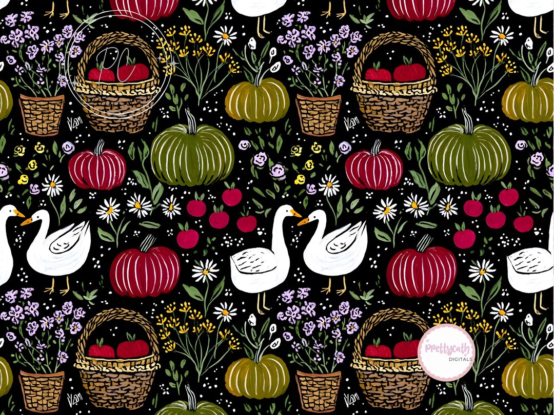 Rustic Farmhouse Goose Pumpkin Seamless Pattern Autumn Country Floral ...