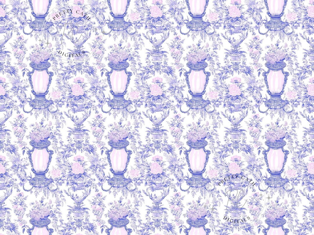 Pink and Blue Toile Vase Bow Seamless Toile De Jouy Handrawn Pastel ...