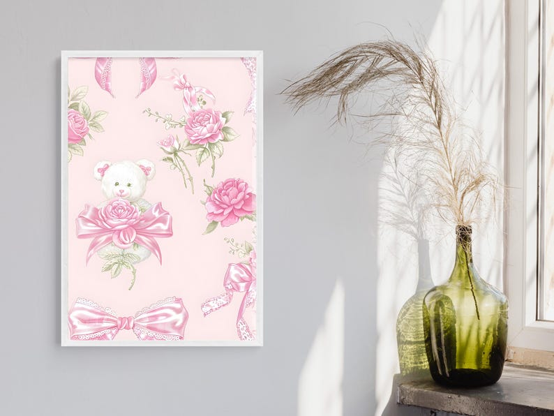 Pink Coquette Teddy Bear Floral Bow Seamless Pattern Vintage Toile ...