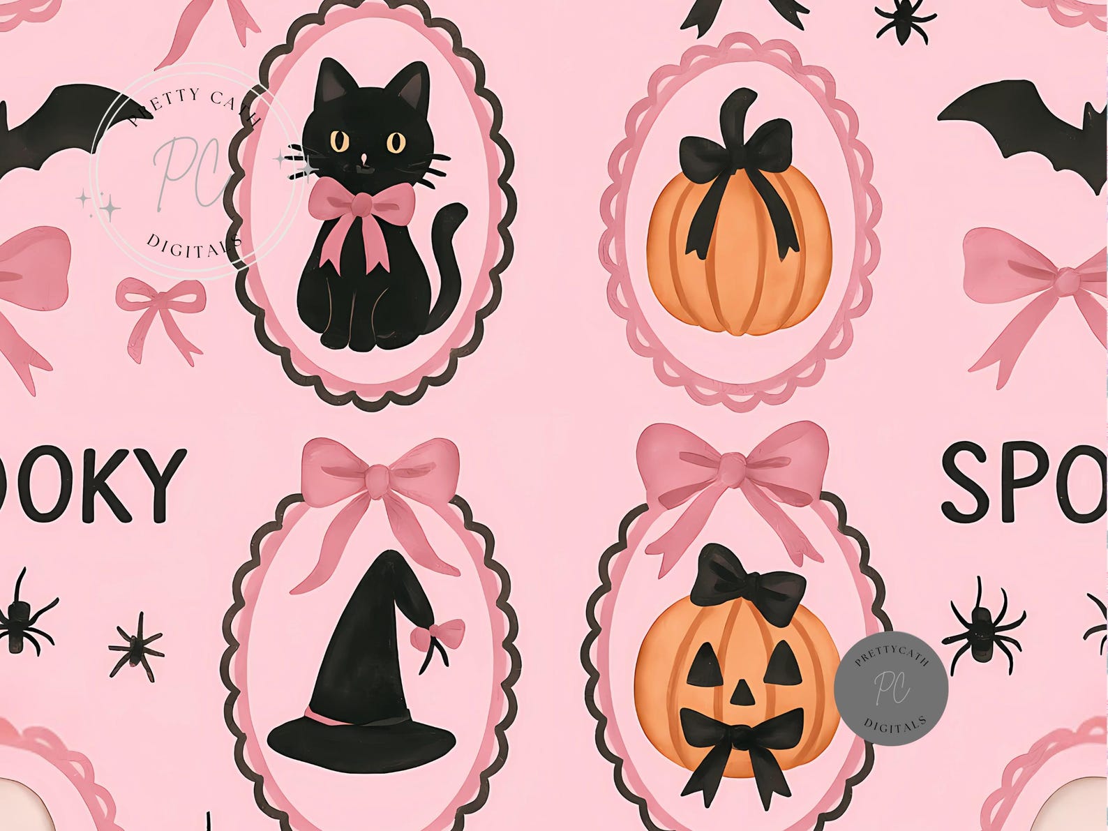 Pink Halloween Digital Paper Seamless Pattern With Black Cat Pumpkin ...