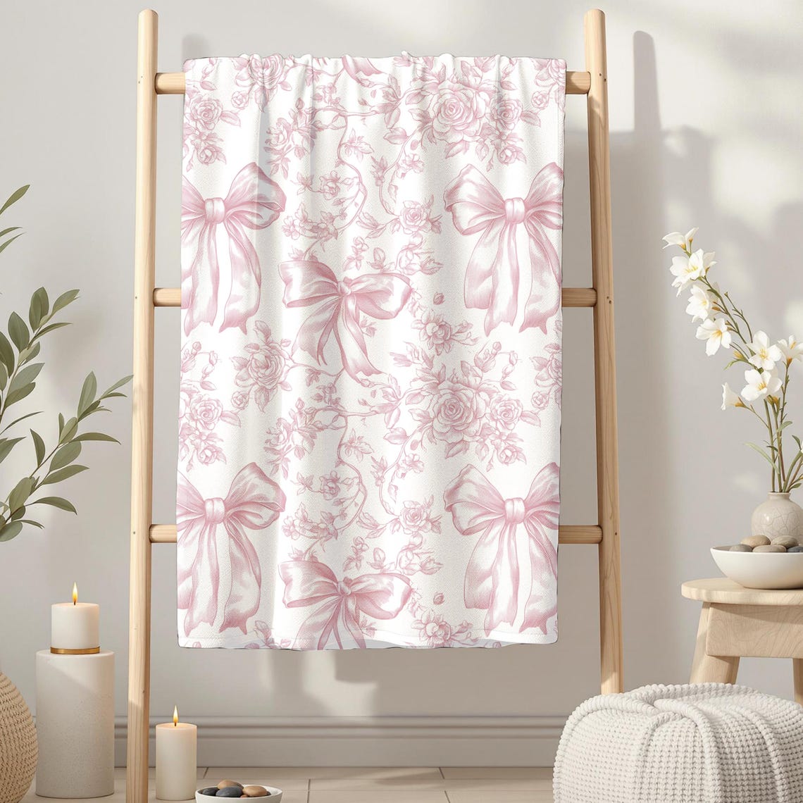 Vintage Pink Toile Floral Bow Pattern Elegant Seamless Rose Ribbon ...