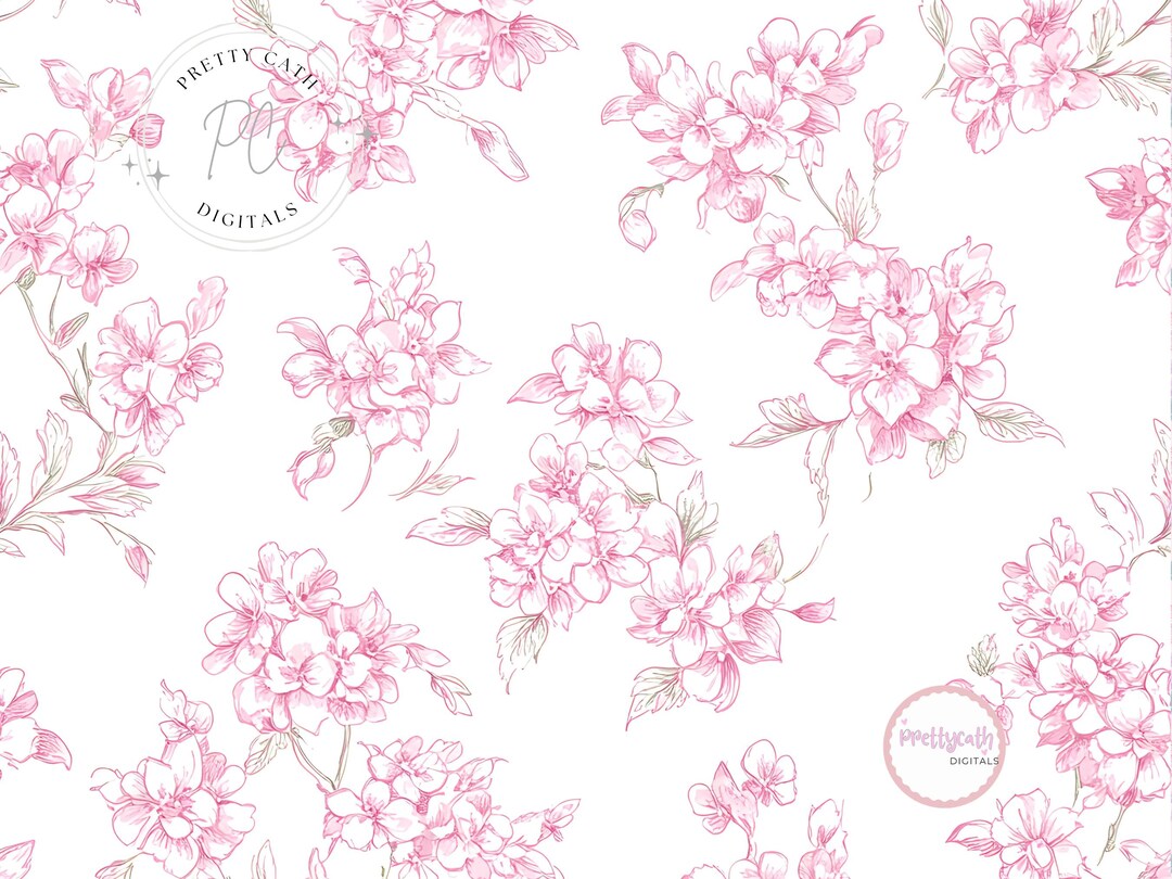 Pink Floral Line Art Seamless Pattern Vintage Botanical Sketch Flowers ...