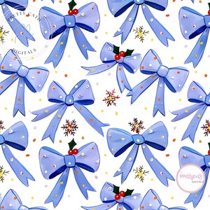 Blue Coquette Christmas Bow Seamless Pattern Winter Holiday Digital ...