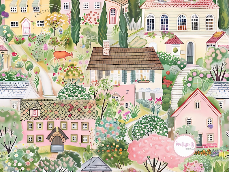 Cottagecore Village Wallpaper: Pastel Houses & Gardens Seamless Design ...