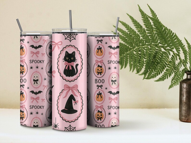 Pink Halloween Digital Paper Seamless Pattern With Black Cat Pumpkin ...