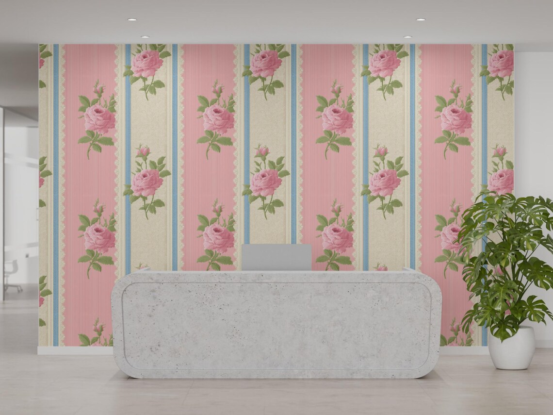 Vintage Pink Rose Floral Pattern With Lace and Blue Stripes Romantic ...