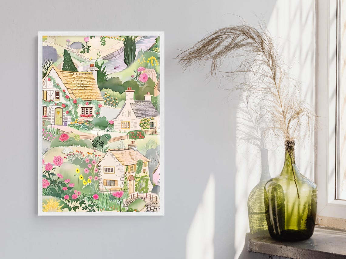 Cottagecore Village Pattern: Pastel Houses & Floral Gardens (digital ...