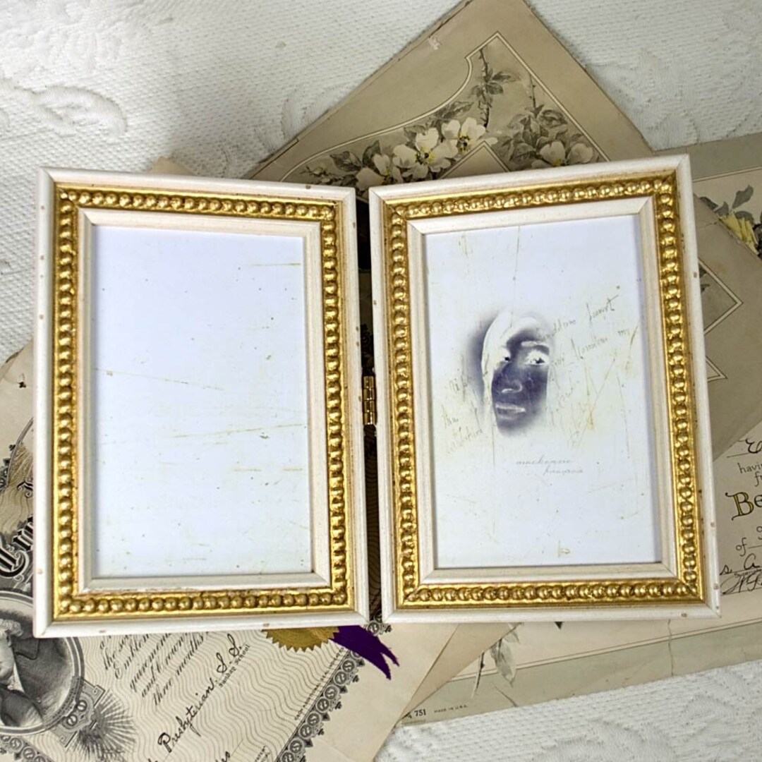 Hinged Double 4x6 Inch White and Gold Frame Antique Shabby Look/office ...