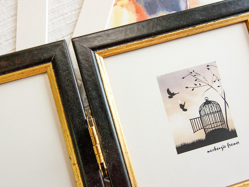 4x4 Inch Hinged Double Frame - Black and Gold Narrow Distressed ...
