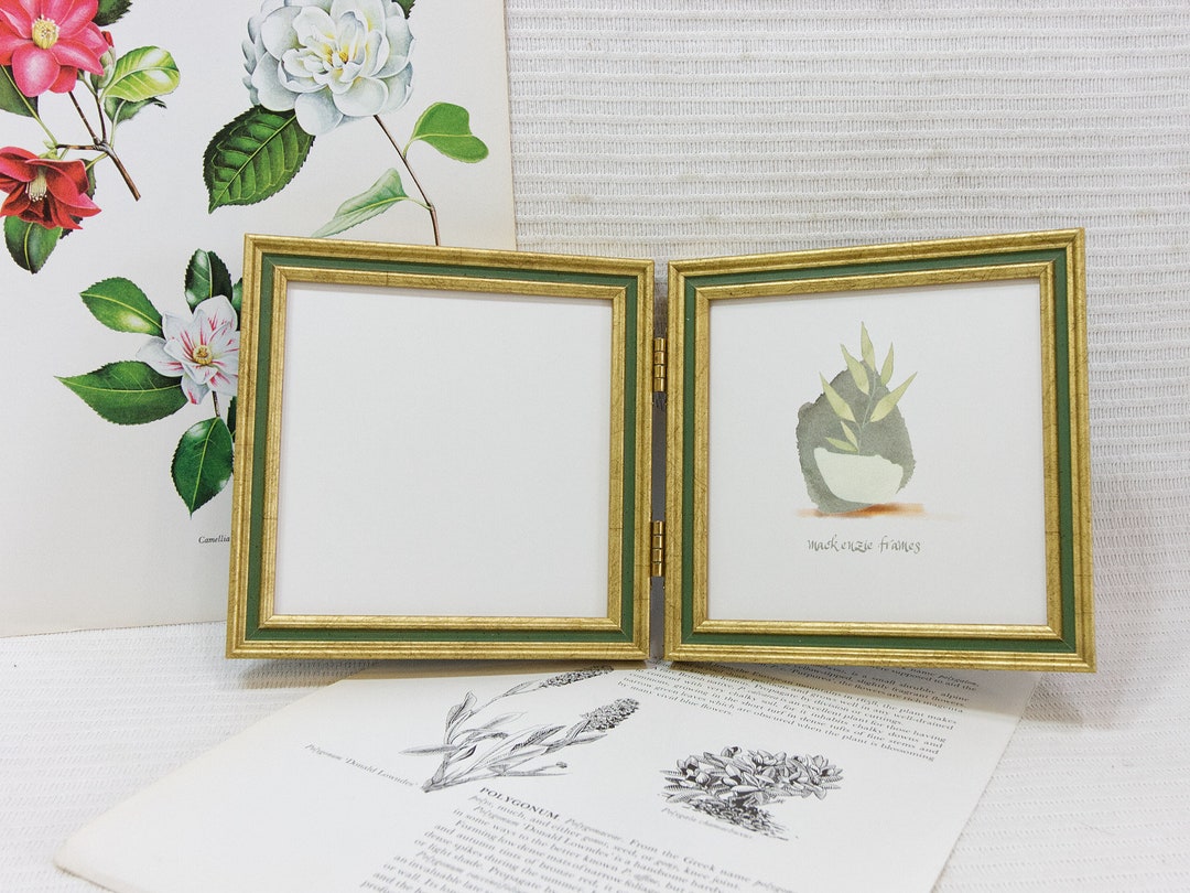 5x5 Inch Hinged Double Frame Narrow Gold & Olive Green Style / Golden ...