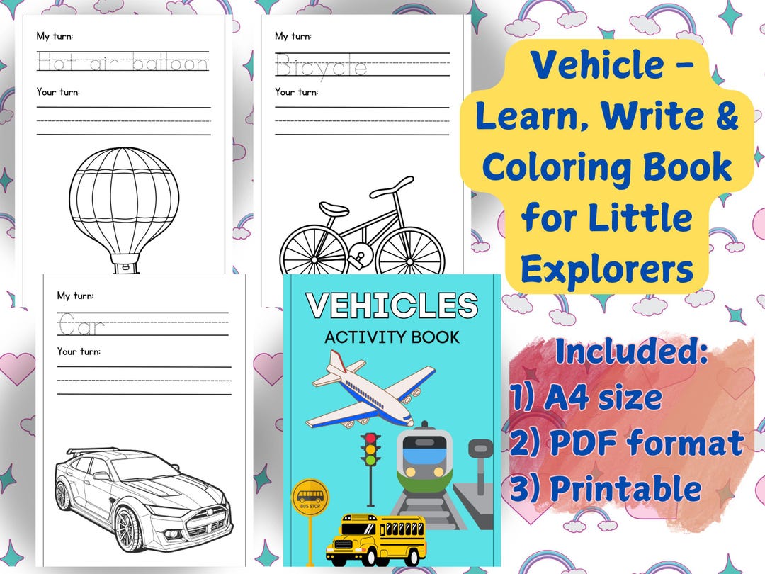 20 Pages Printable Vroom Vroom Learning: Vehicle Coloring Workbook A4 ...