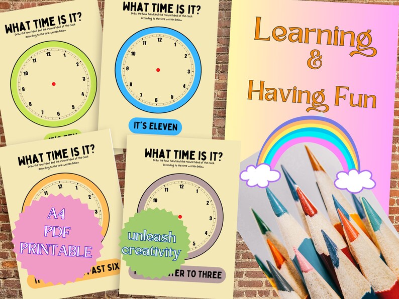 20 Pages Printable Learning Time: Fun Clock Drawing & Coloring Workbook ...