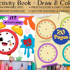 20 Pages Printable Learning Time: Fun Clock Drawing & Coloring Workbook ...