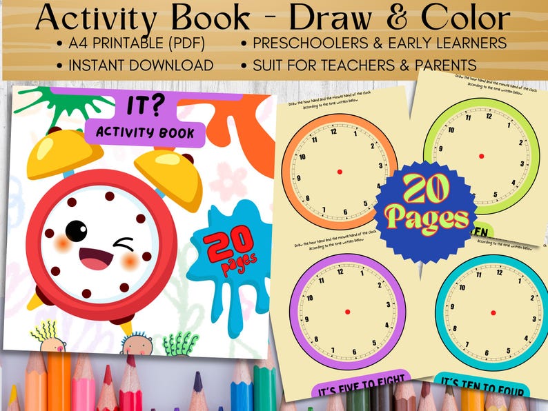 20 Pages Printable Learning Time: Fun Clock Drawing & Coloring Workbook ...
