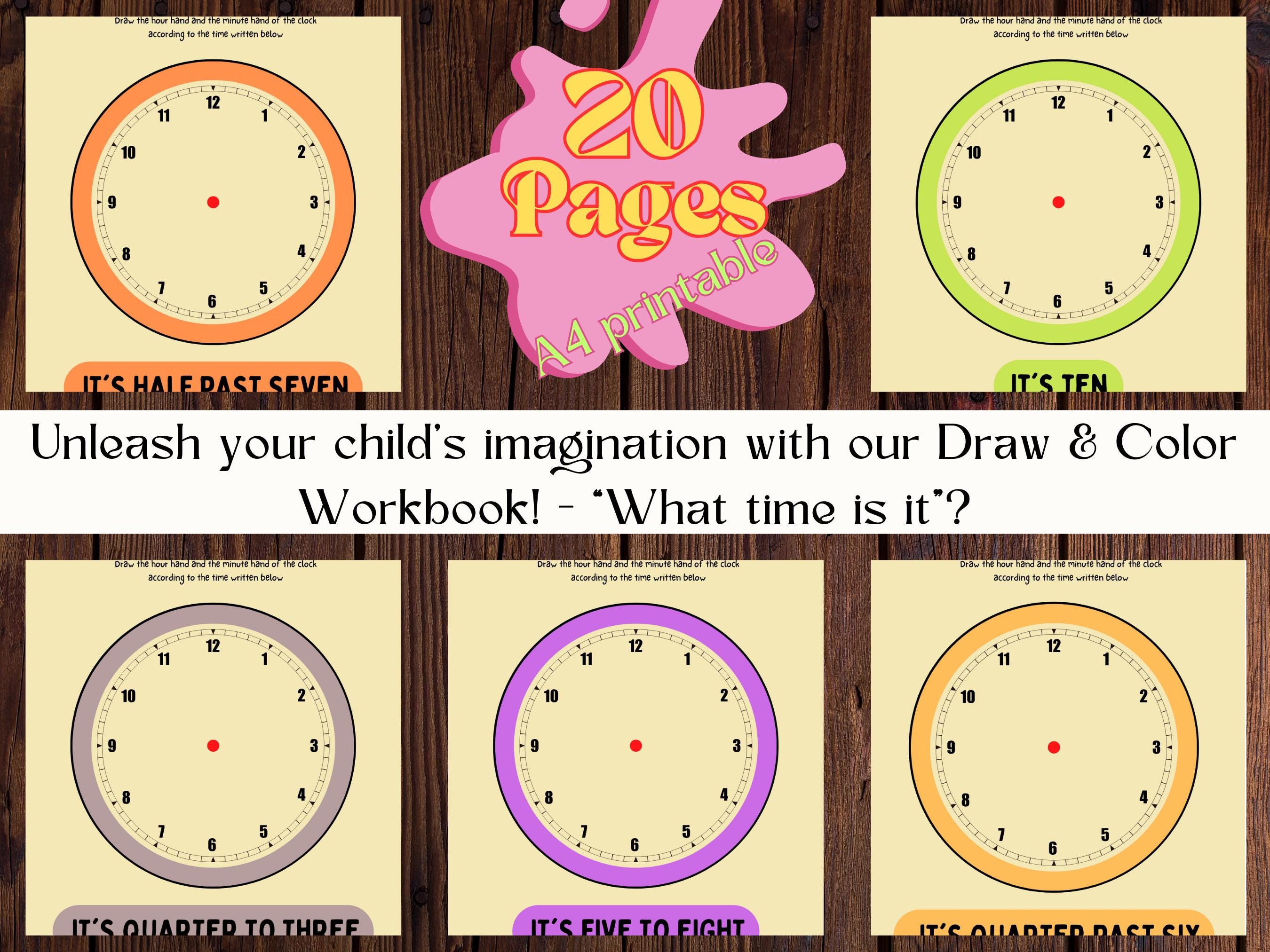 20 Pages Printable Learning Time: Fun Clock Drawing & Coloring Workbook ...