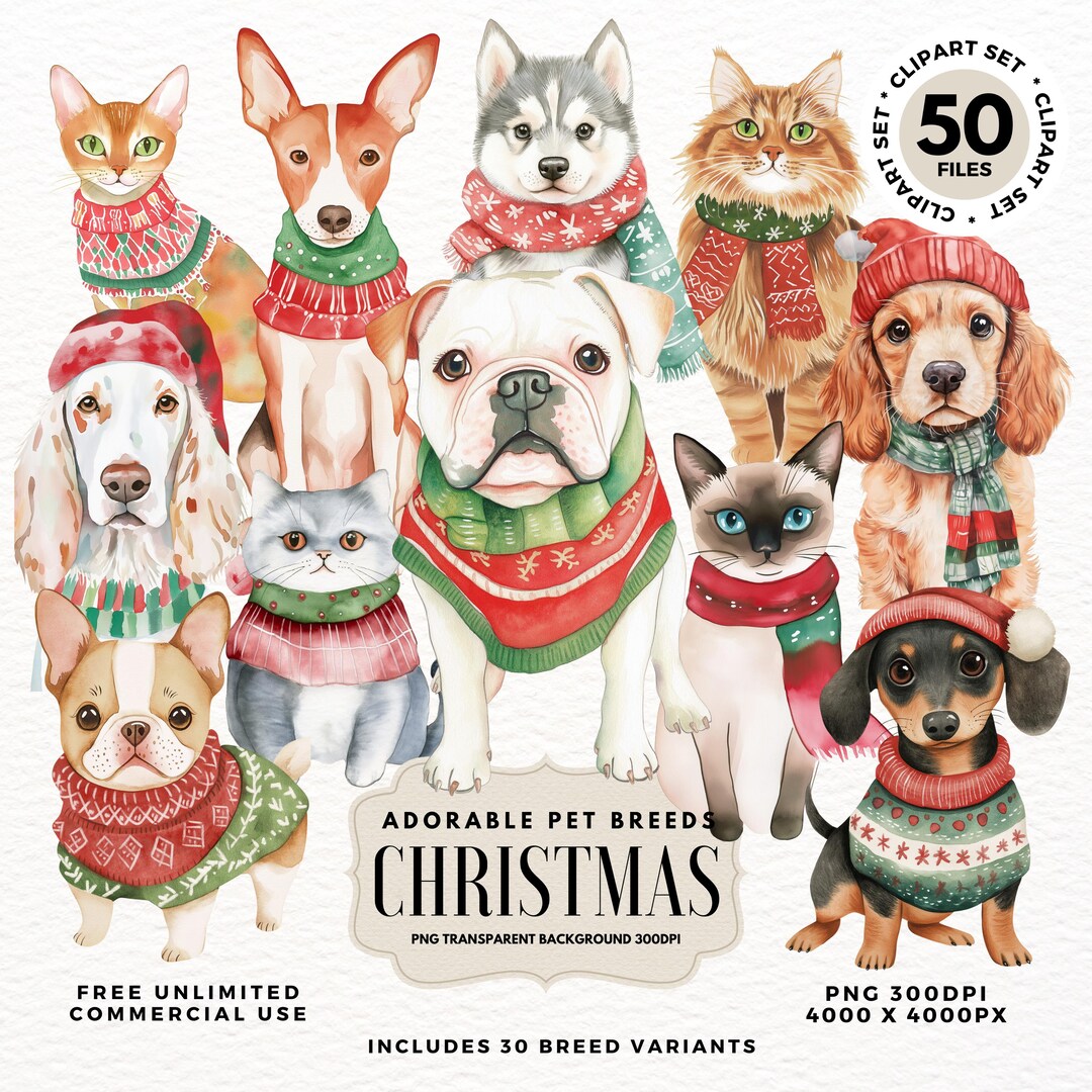 Pet Breeds Cat Dogs Christmas Clipart .christmas Illustrations ...