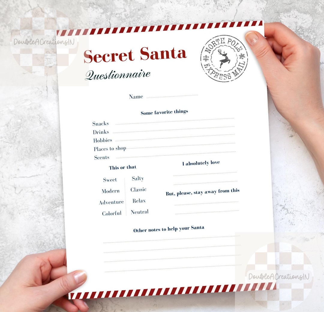 Secret Santa Questionnaire Printable, Secret Santa Gift List, Christmas ...