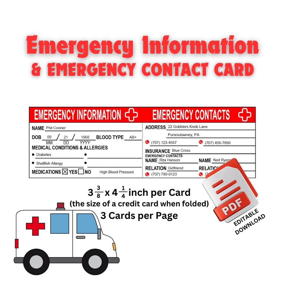 Emergency Information & Emergency Contact Card, Safety Card, Medical ID ...