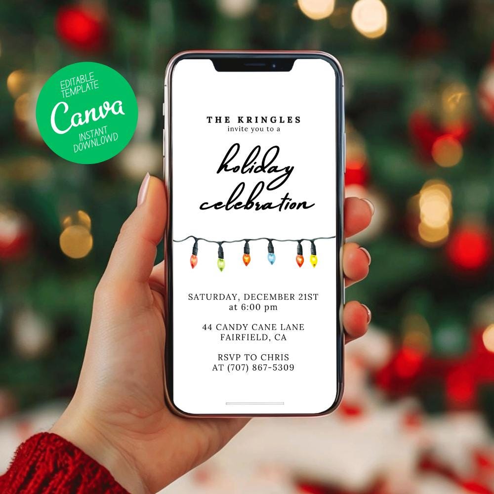 Holiday Celebration Party Invitation, Christmas Tree Lights Editable ...