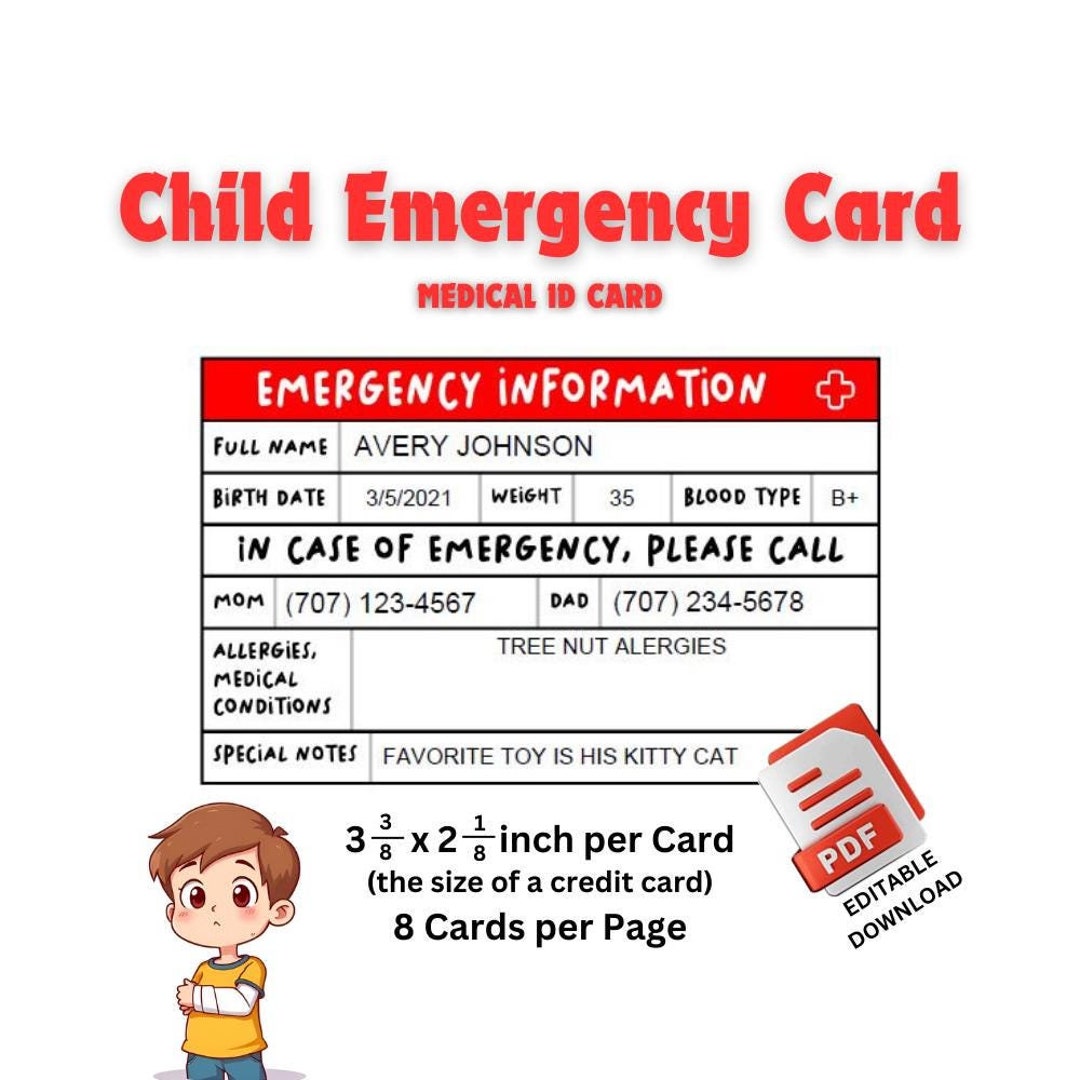 Kids Emergency Card, Child Safety Card, Medical ID Card, Customizable ...