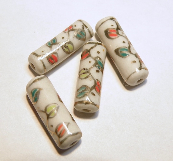 Four 4 Small Handmade Ceramic Tube Beads With Gold Red and | Etsy