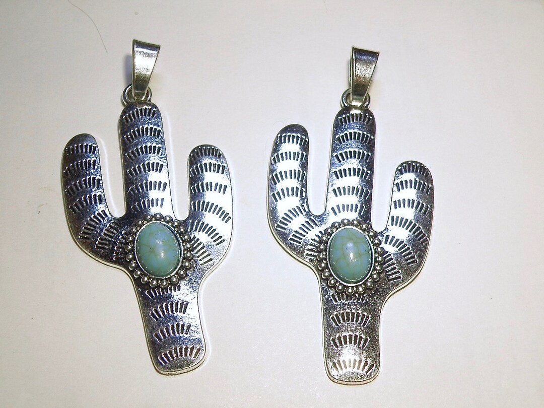 One (1) Very Large Imitation Turquoise and Pewter Silver Cactus Pendant ...