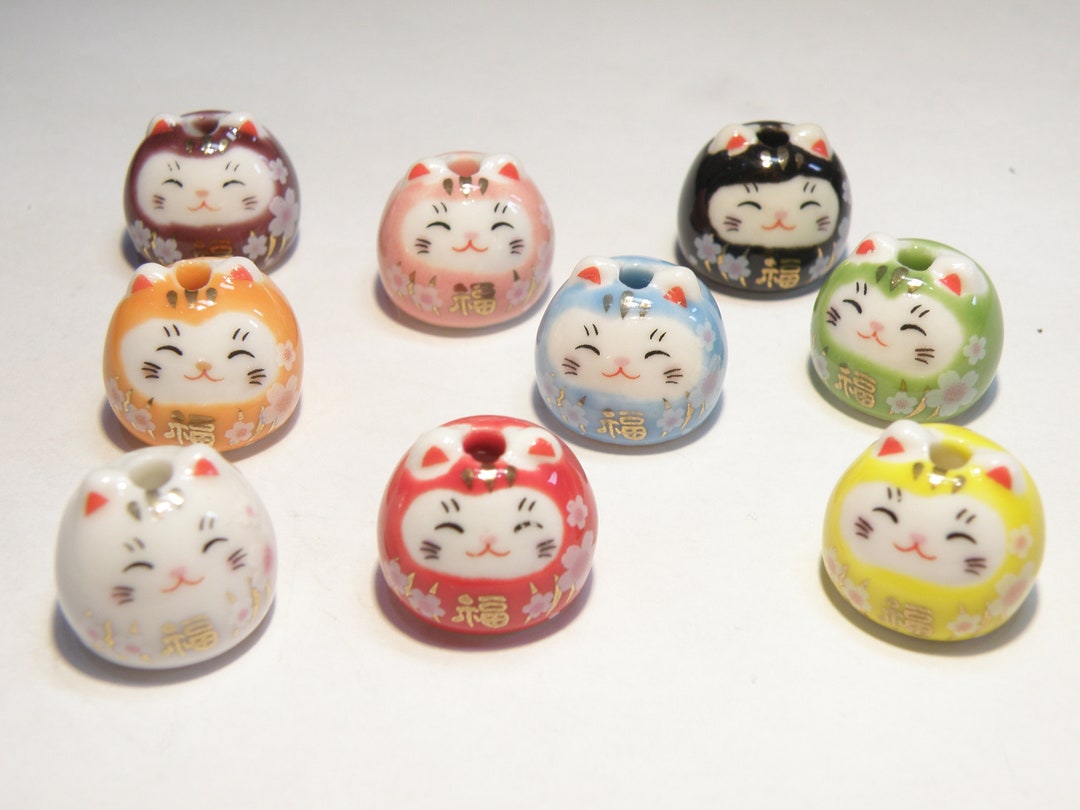 CHOOSE COLOR: Two (2) Adorable Ceramic Beads -- Roly-poly Japanese Cats ...