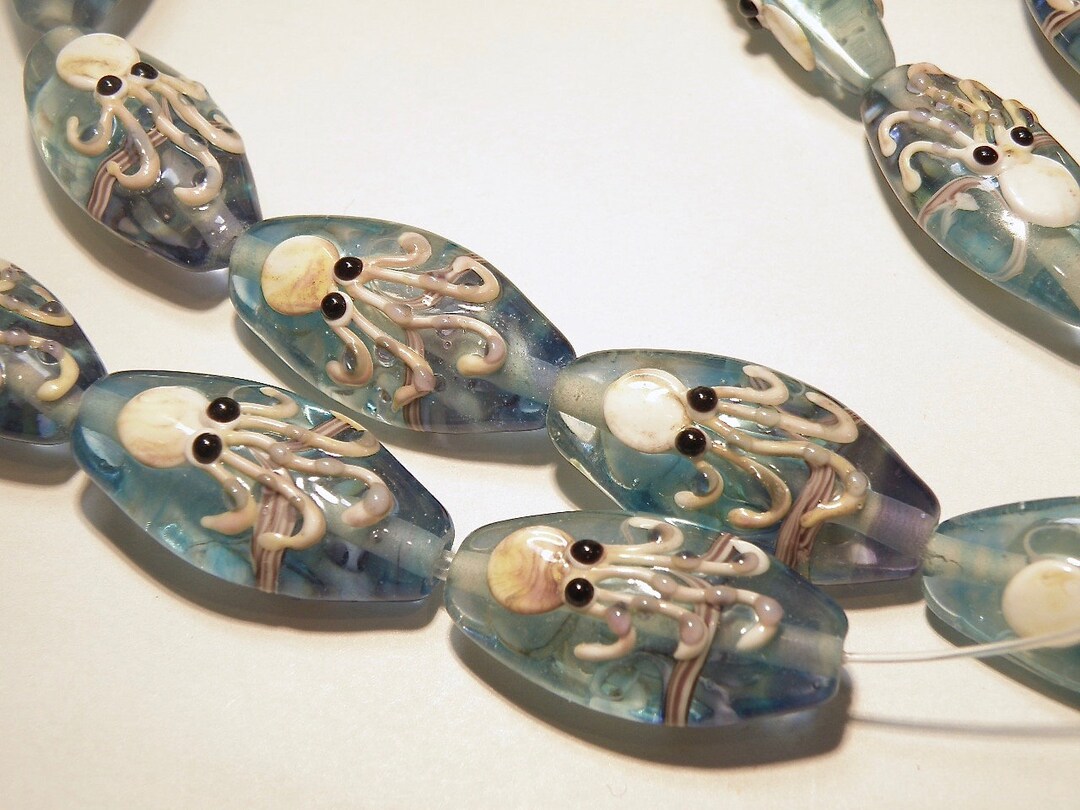 Two (2) Pale Capri Blue and Purple Oval Lampwork Glass Bead With Shades ...