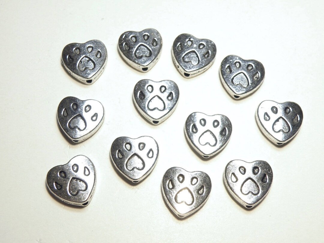 BACK IN STOCK After 2 Years --- 10 Pewter Paw Print Heart Spacer Beads ...