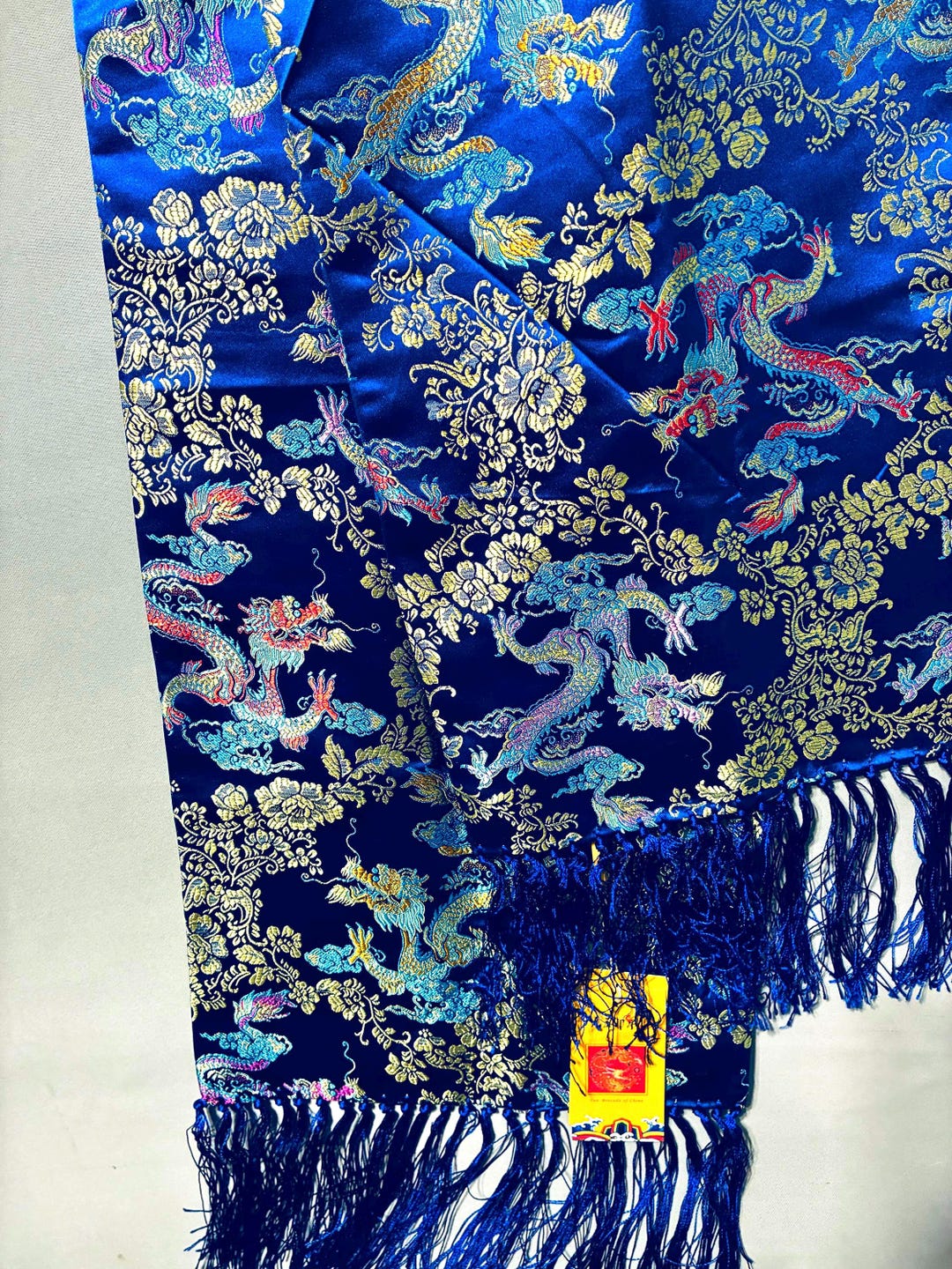 Chinese Dragon Brocade Scarf – Blue & Gold Fringed Textile, 64” Long ...