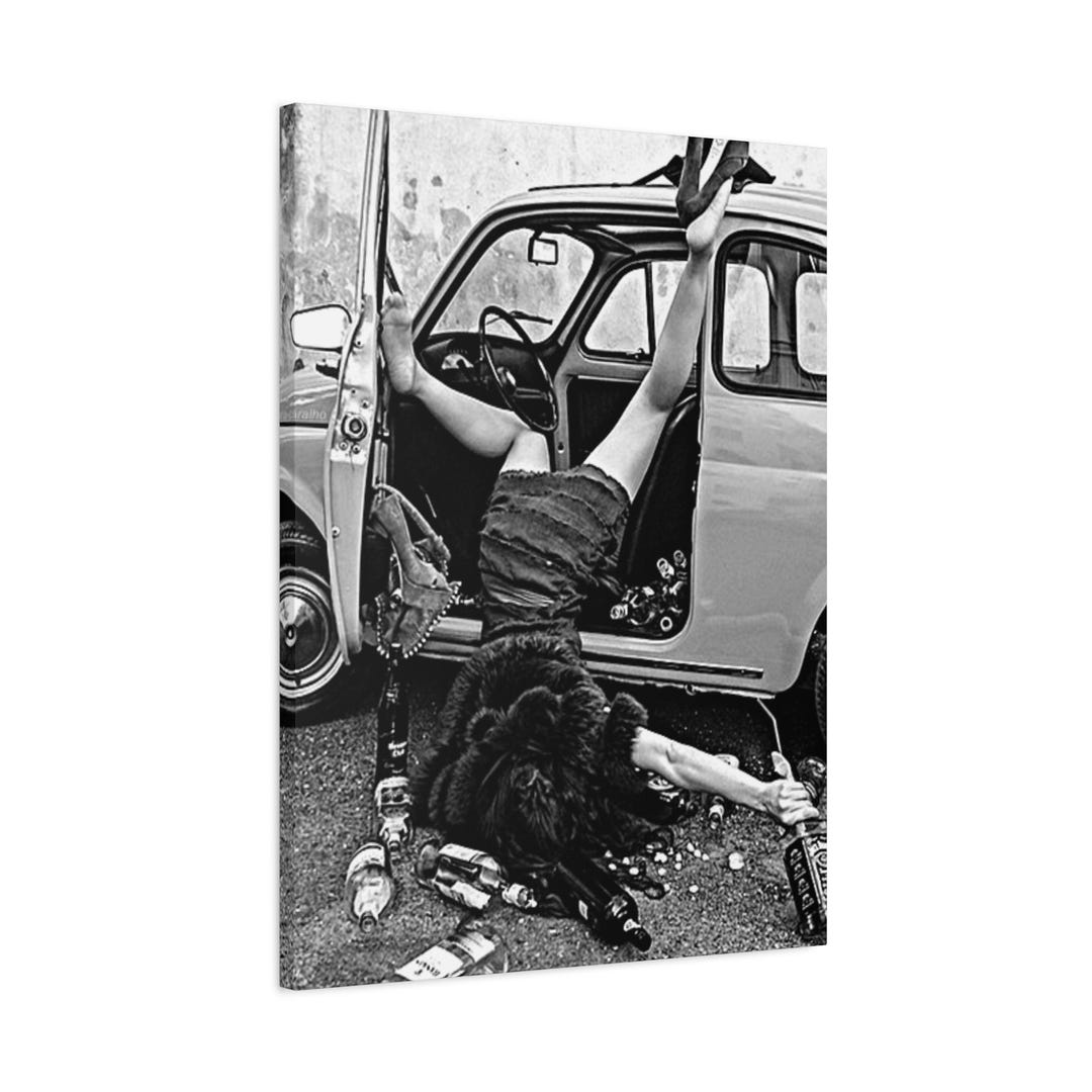Canvas Print, Vintage Chic Drunk Woman Falling Out of Her Car Funny Art ...