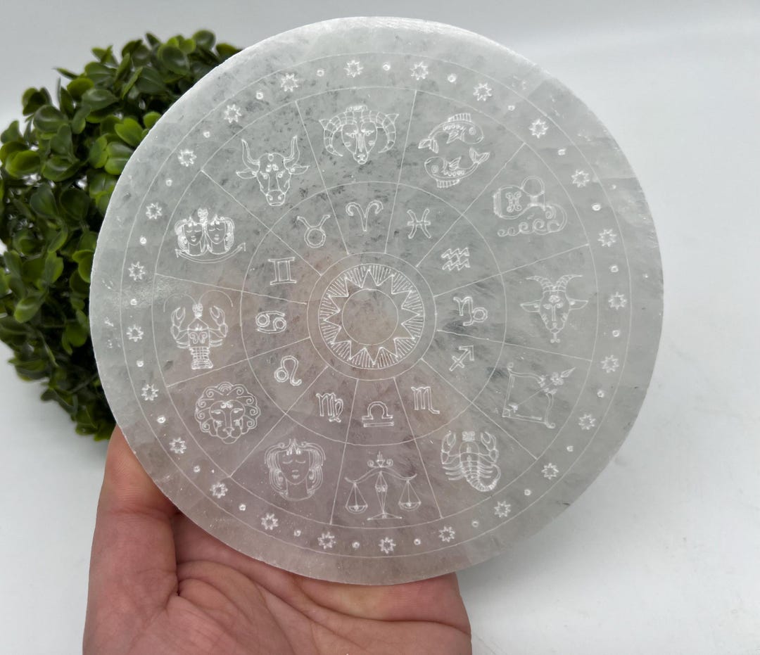 ONE(1) 14/14cm.natural Selenite Zodiac Disc Selenite Engraved Disc ...