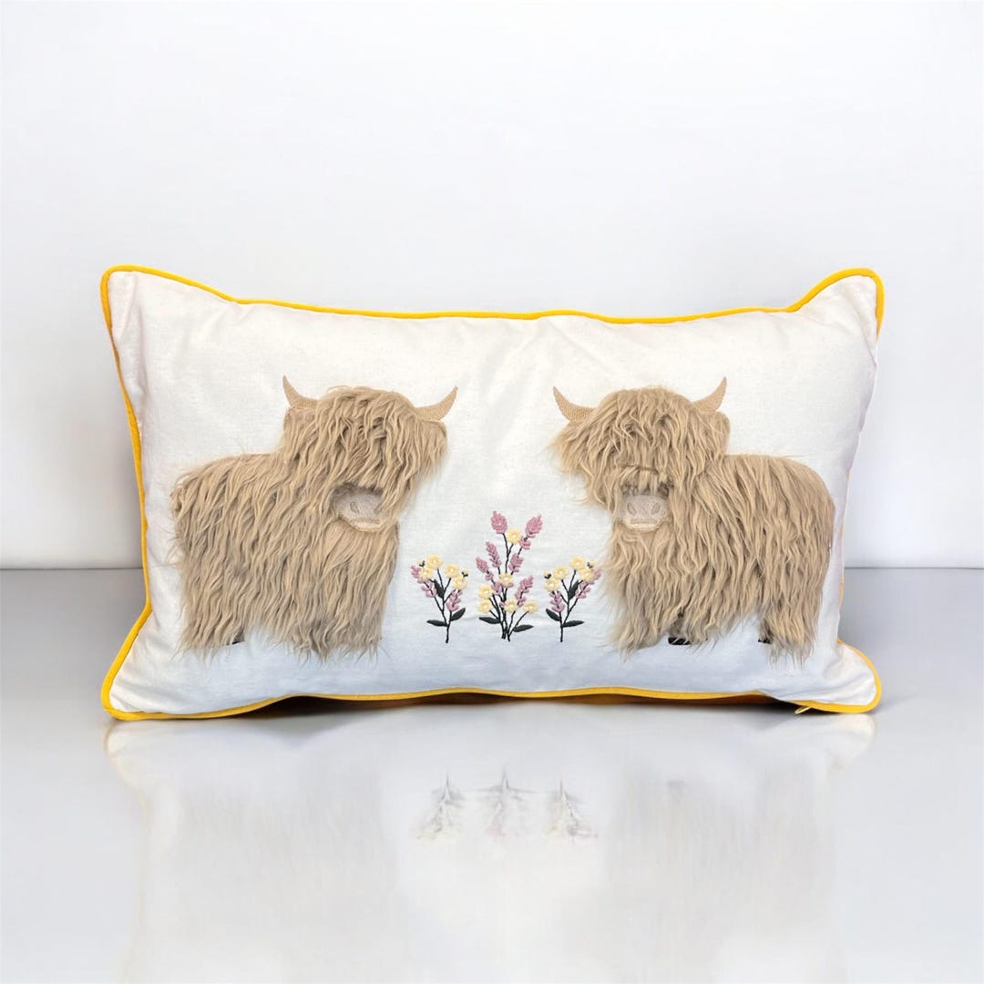 Highland Cow Cushion Fluffy and Floral Design Scatter Cushion Sofa ...