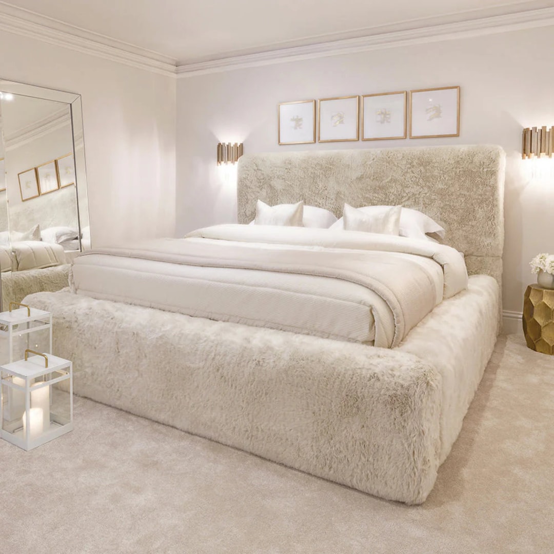 Arctic Luxury Cream Faux Fur Bed Frame, Upholstered Bedframe, Modern ...