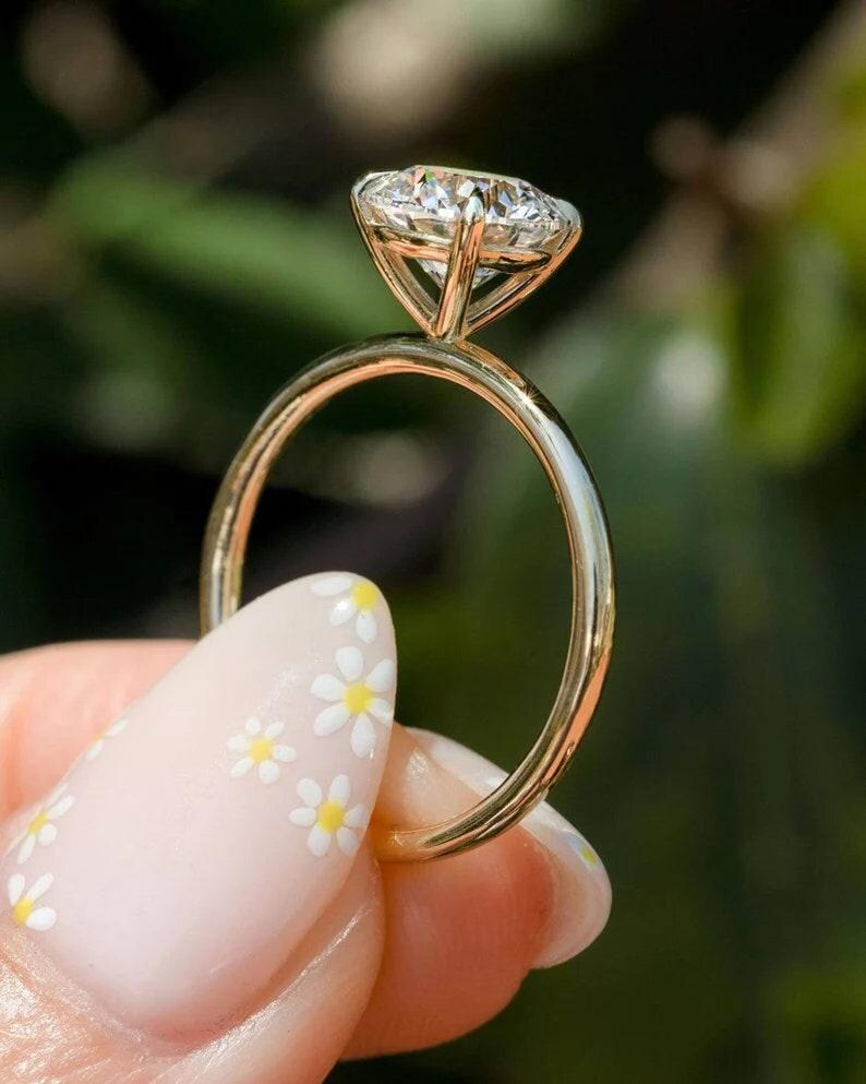 Round Engagement Ring in 14k Solid Gold | 2 CT Moissanite Engagement ...