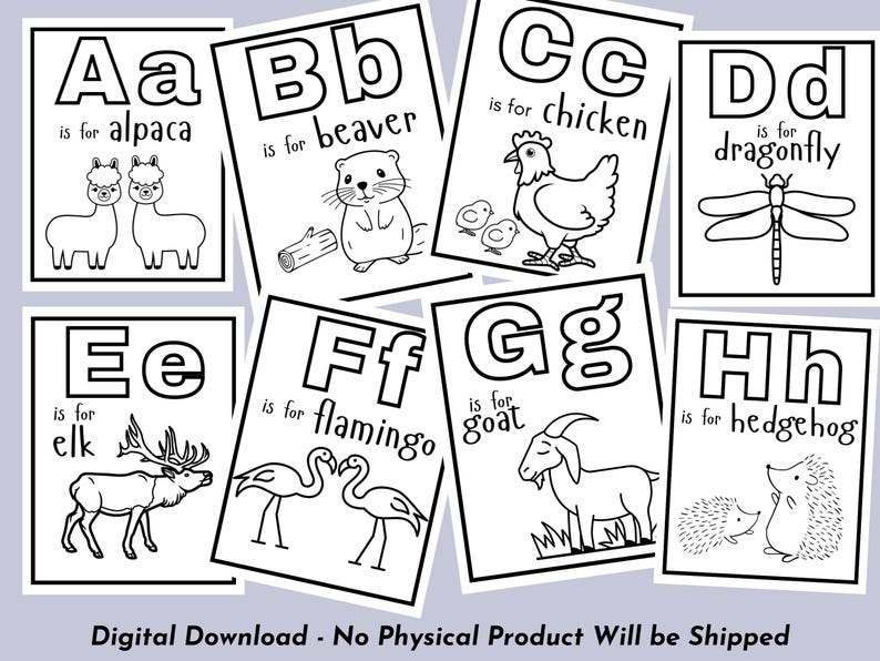 Printable Animal Alphabet Coloring Pages for Kids, Easy Coloring Pages ...