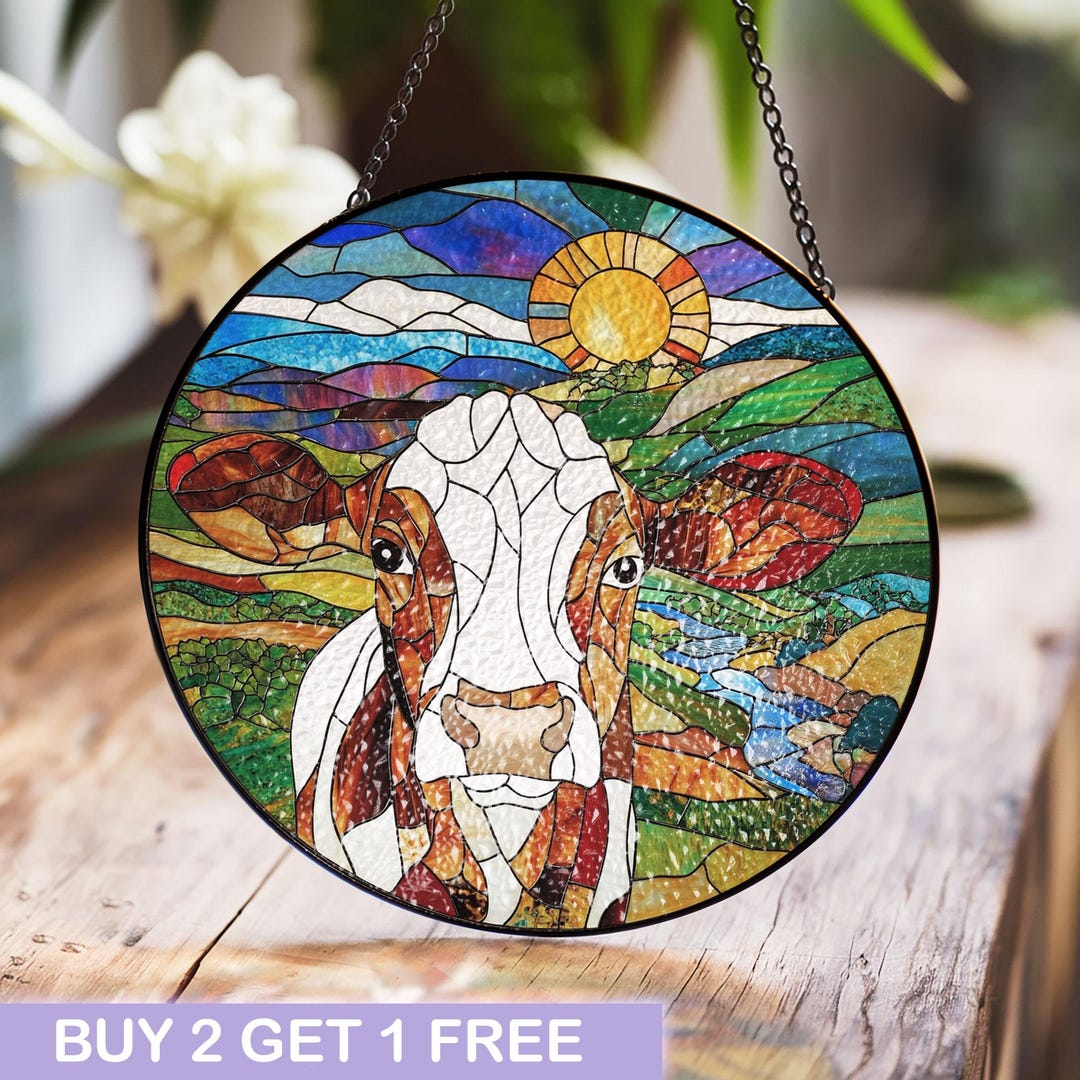 Colorful Cow Stained Glass Panel With Countryside Landscape and Sun ...