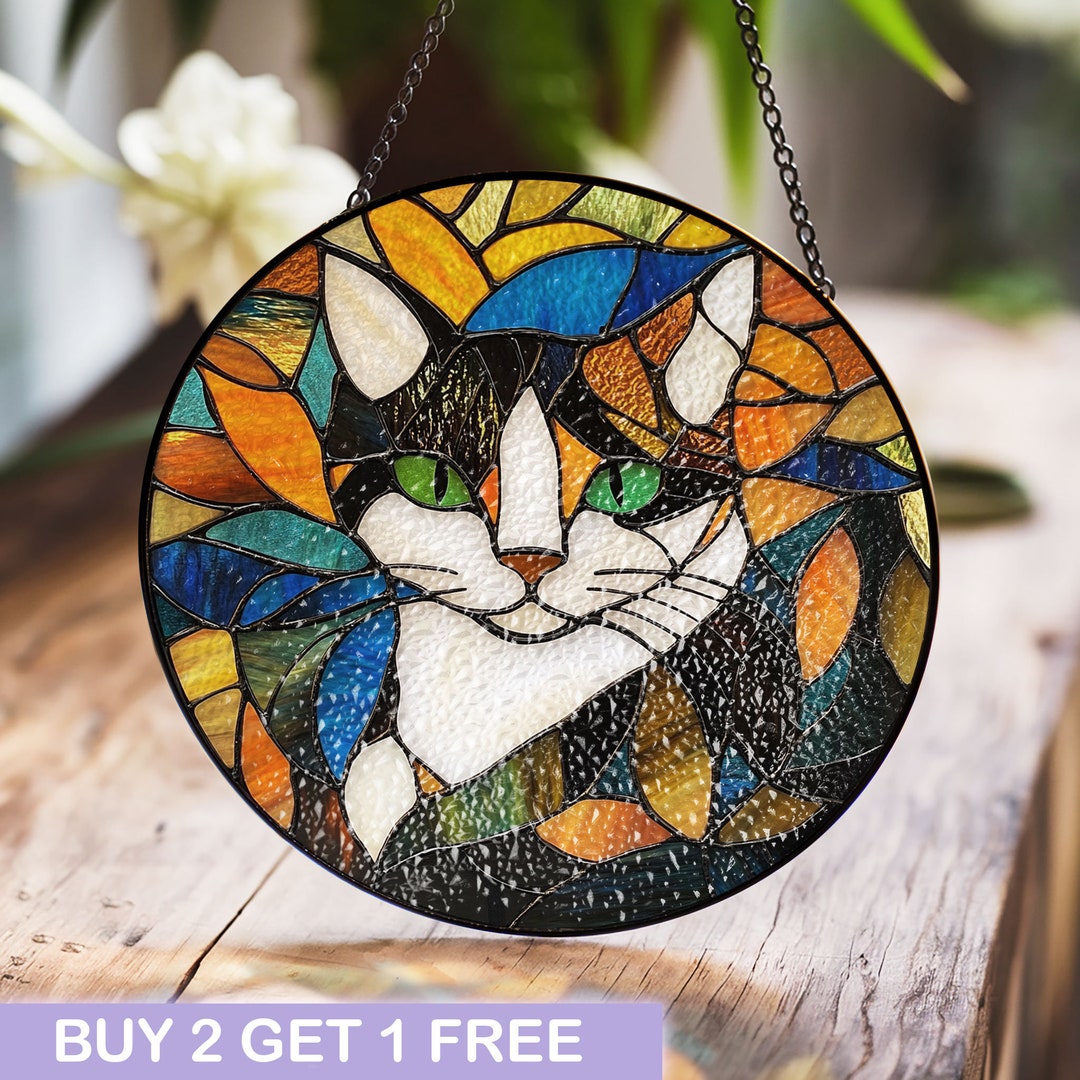Vibrant Calico Cat Stained Glass Panel – Eye-catching Feline Decor With ...