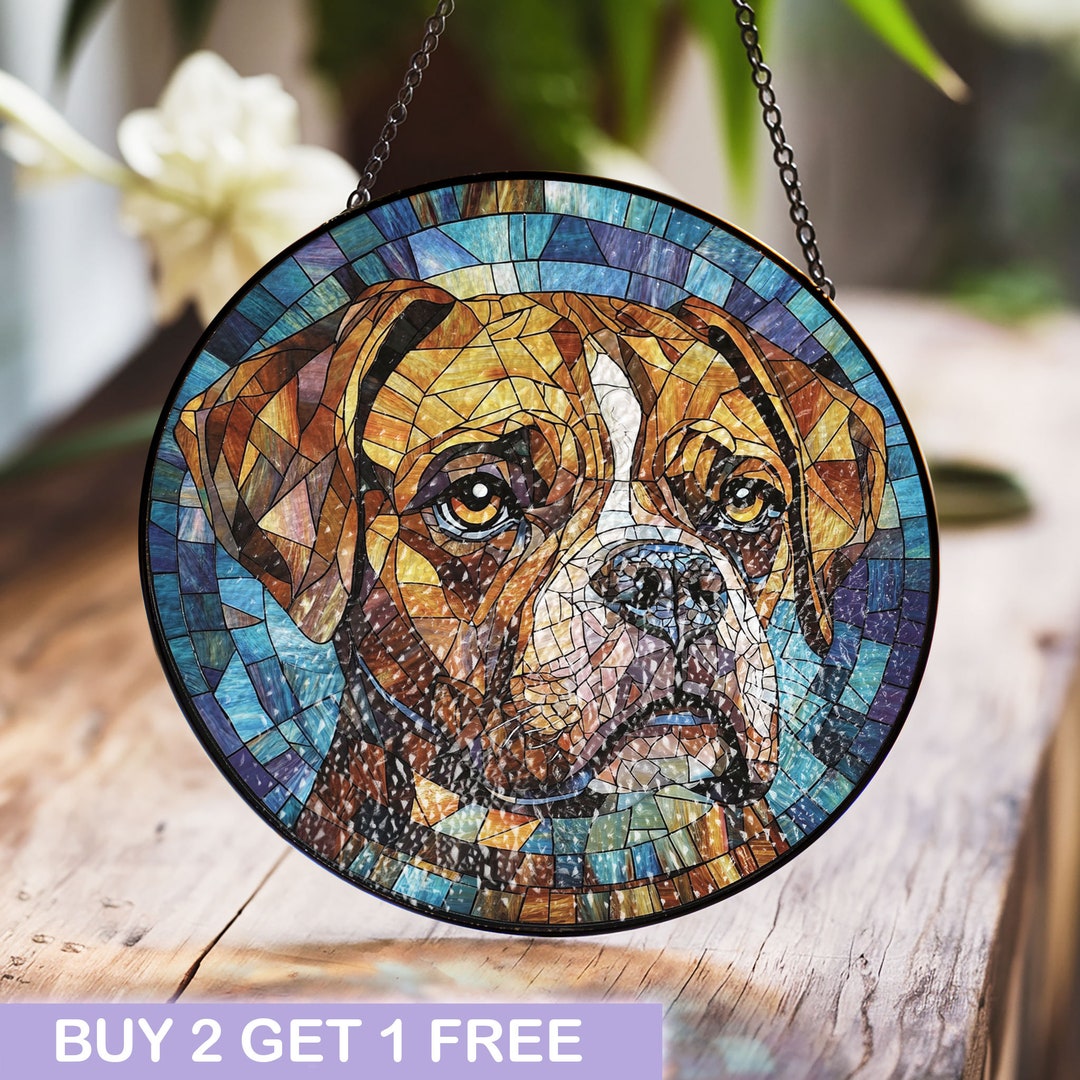 Boxer Dog Stained Glass Panel – Vibrant Dog Art Decor for Home or Gift ...